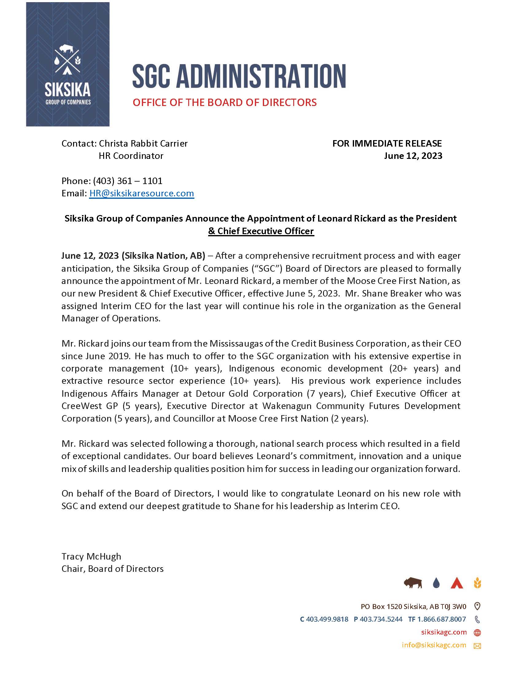 New CEO for Siksika Group of Companies - Siksika Nation