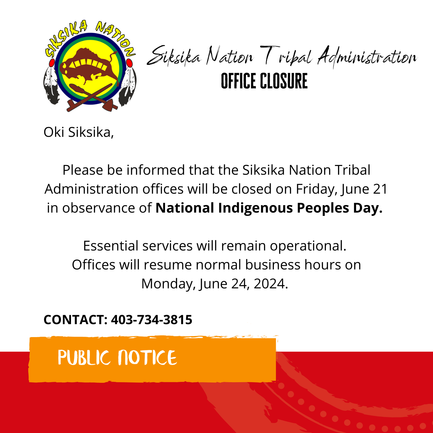 Public Notice: Office Closure June 21st, 2024 - Siksika Nation