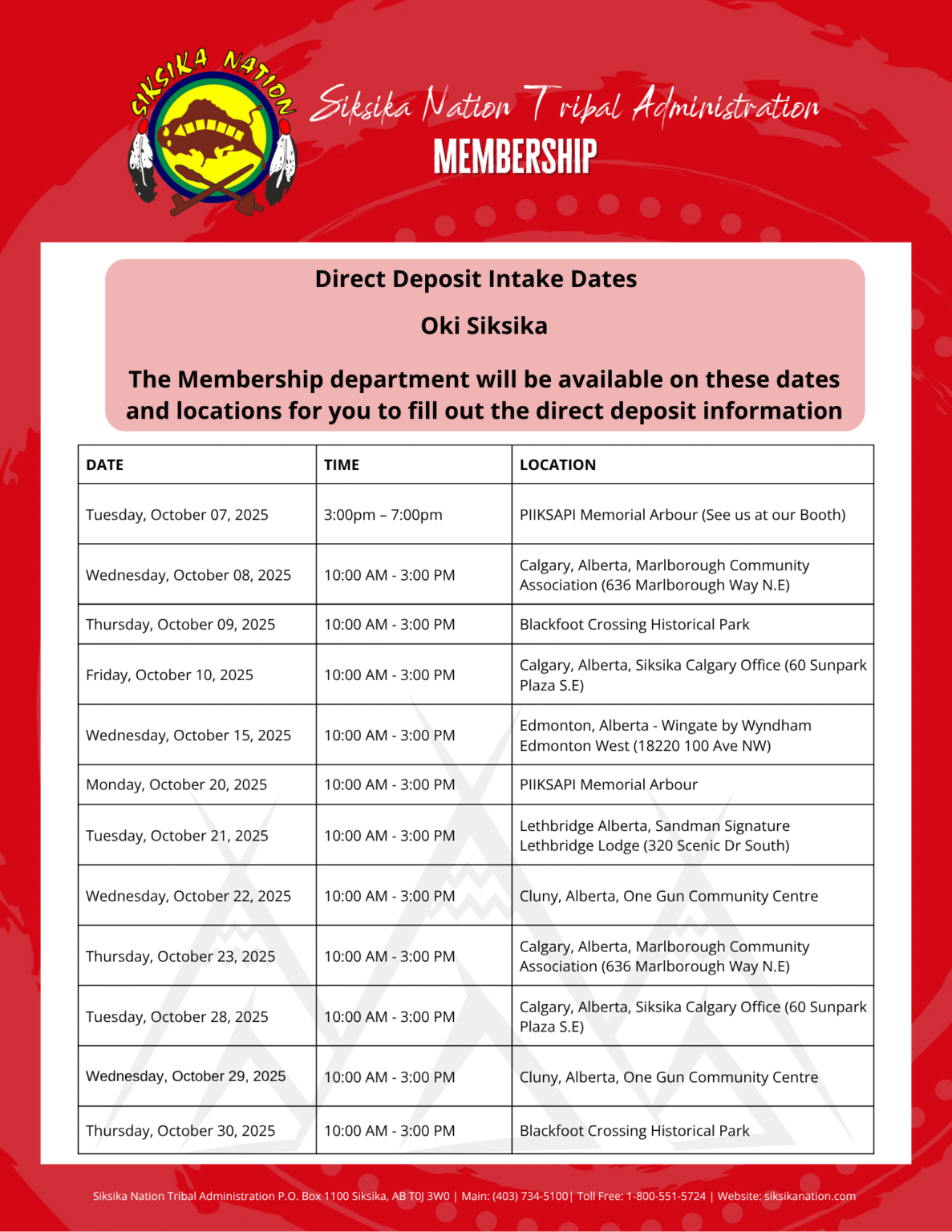 Direct Deposit Intake Dates! - Siksika Nation